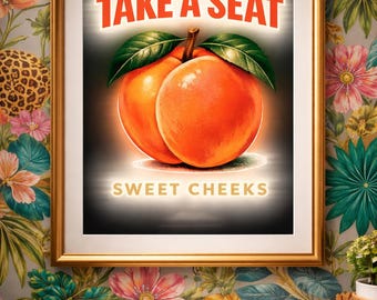 Retro Peach Sweet Cheeks Poster, Groovy Bathroom Wall Art (digital ...