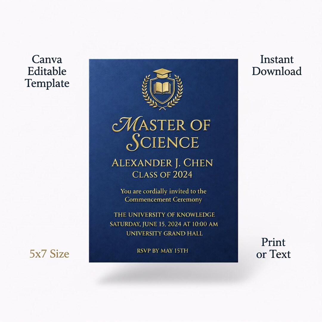 Masters Degree Graduation Invitation Template, Editable Grad Party ...