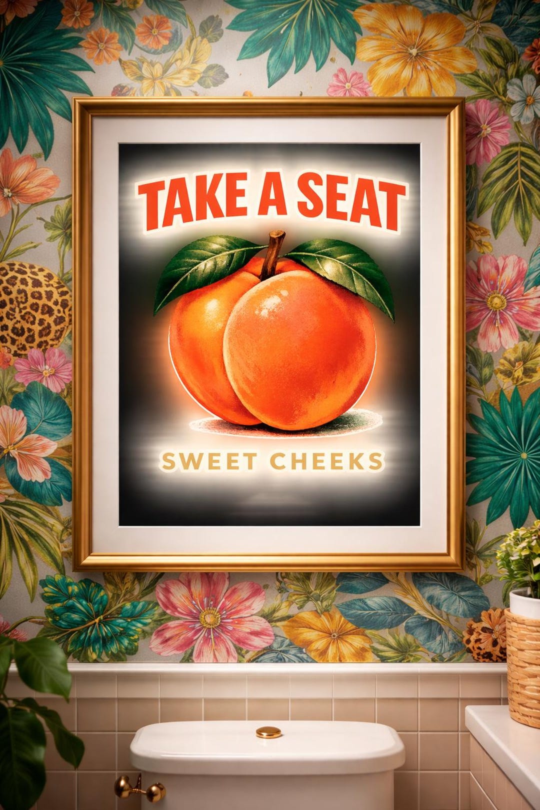 Retro Peach Sweet Cheeks Poster, Groovy Bathroom Wall Art (digital ...