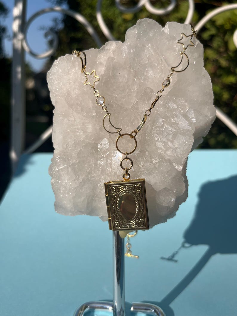 Gold Book Locket With Moon and Stars Chain - Etsy