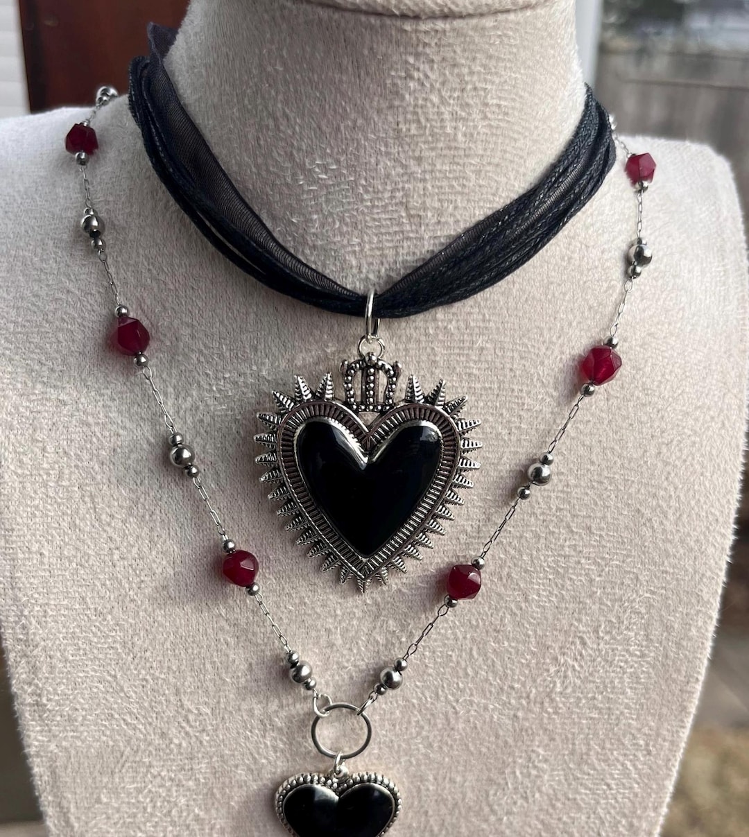 Black Heart Necklace With Black Ribbon Cord - Etsy