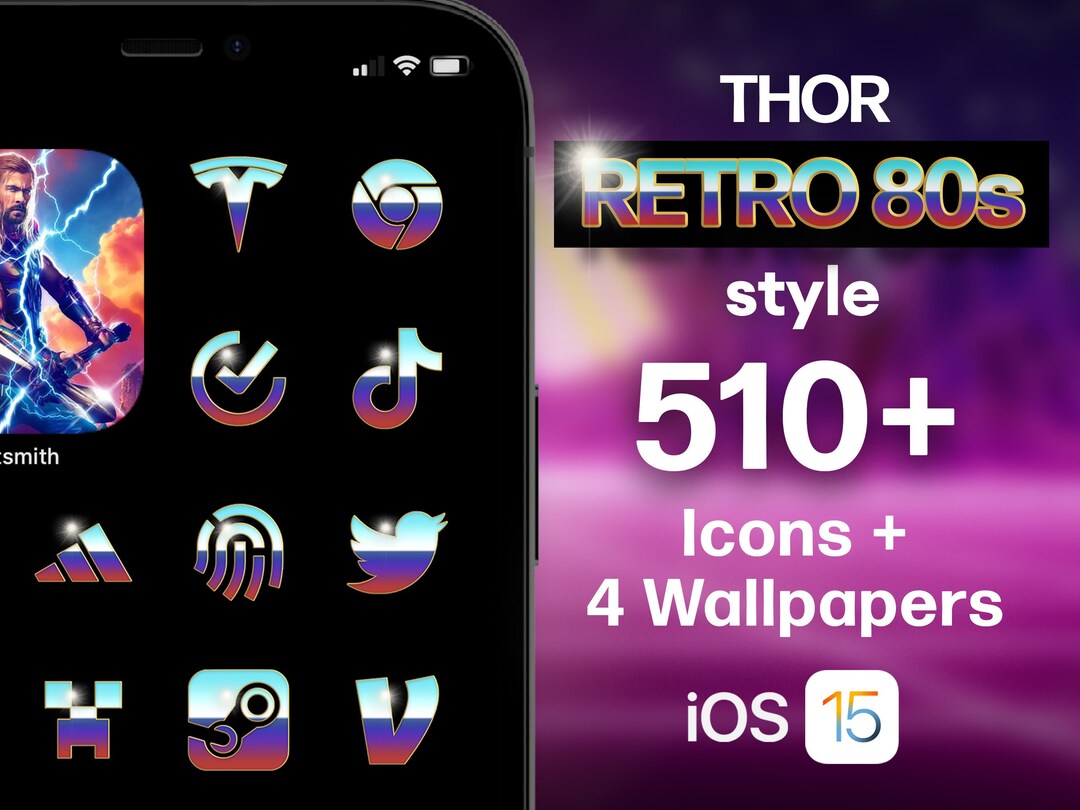 Thor Love & Thunder, Retro 80s Style, Ios 16 Icon Set, Vintage, Chrome ...