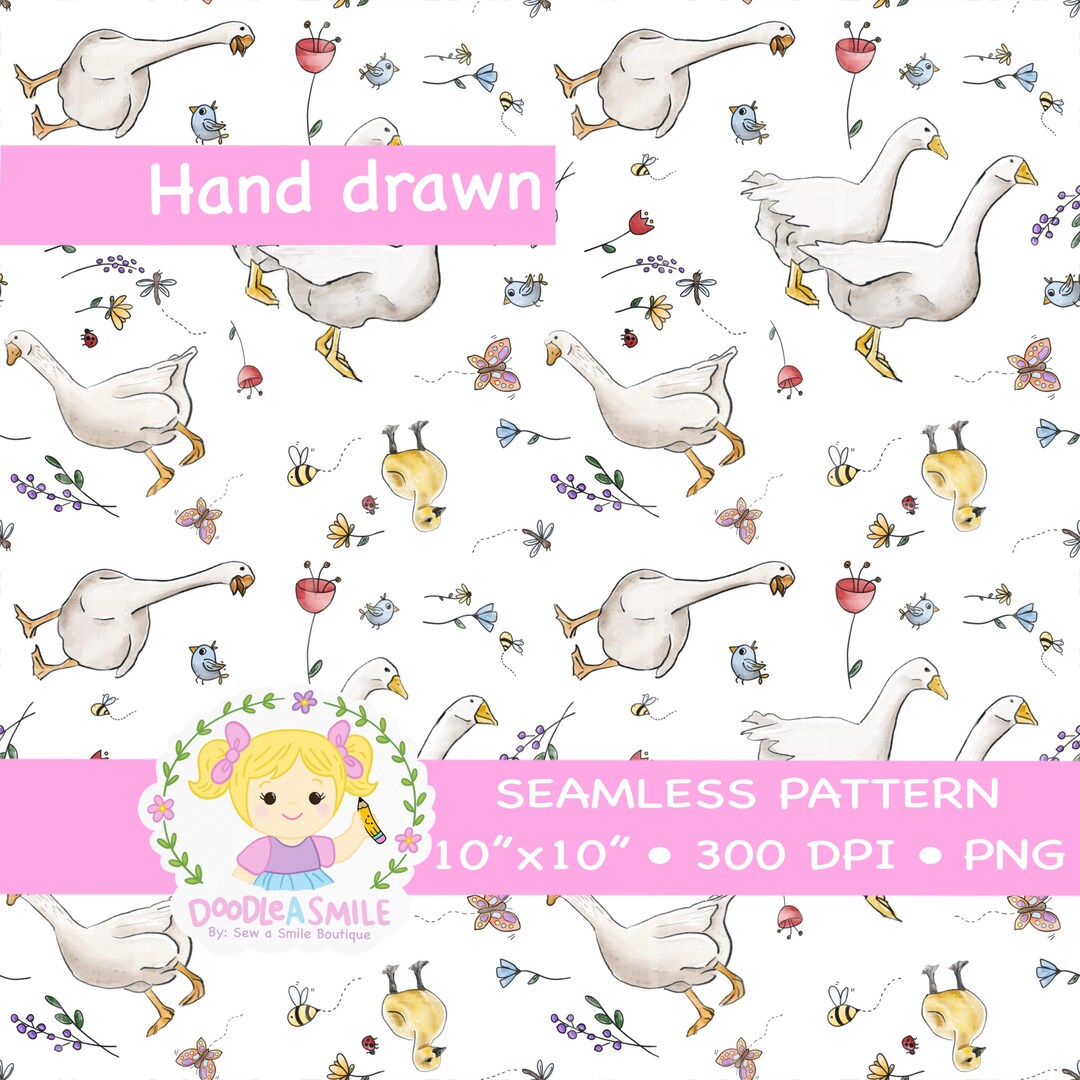 Cute Goose Seamless Pattern PNG, Hand-drawn Geese and Wildflower ...