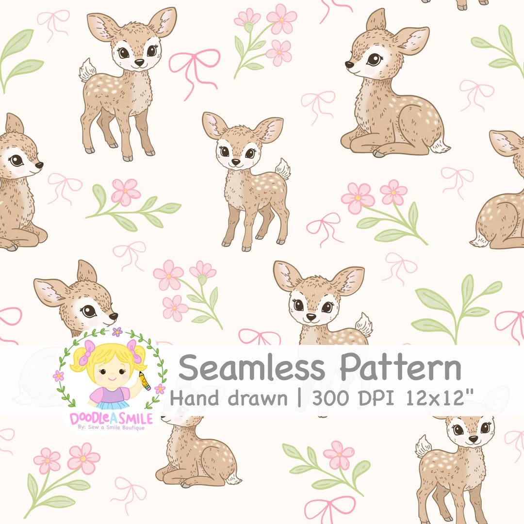 Hand Drawn Woodland Fawn Seamless Pattern for Sublimation, Cute Spring ...