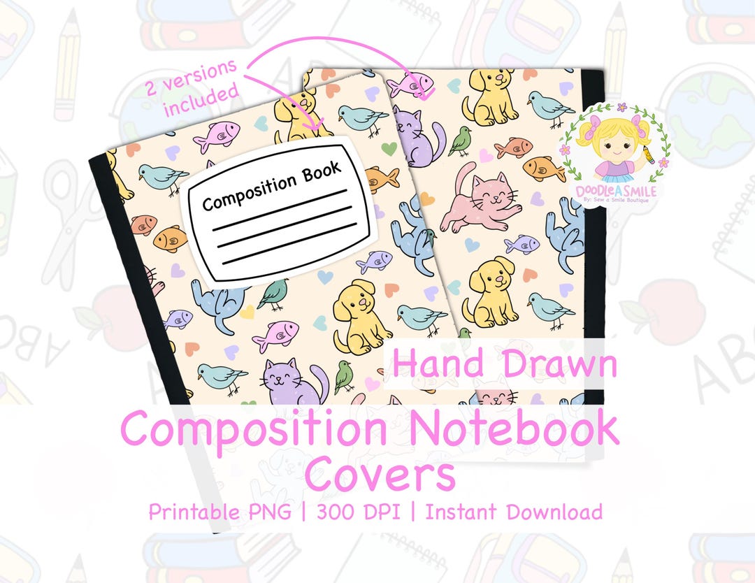 Cat Composition Book Cover Printable PNG for Kids, Cat Dog Design for ...