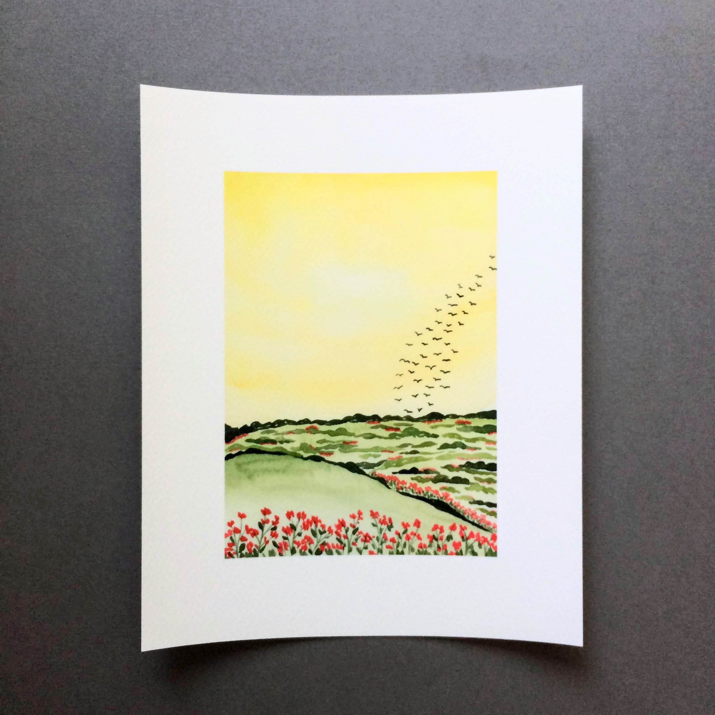 Yellow Landscape Watercolor Art Print: Wildflower Field Painting - Etsy