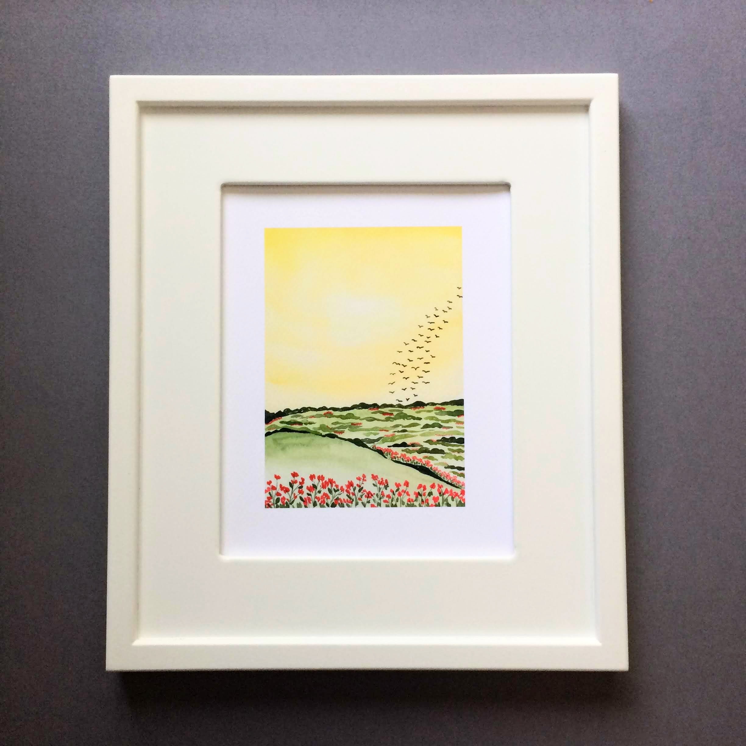 Yellow Landscape Print, Wildflower Art Landscape Painting, Watercolor ...