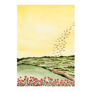 Yellow Landscape Print, Wildflower Art Landscape Painting, Watercolor ...