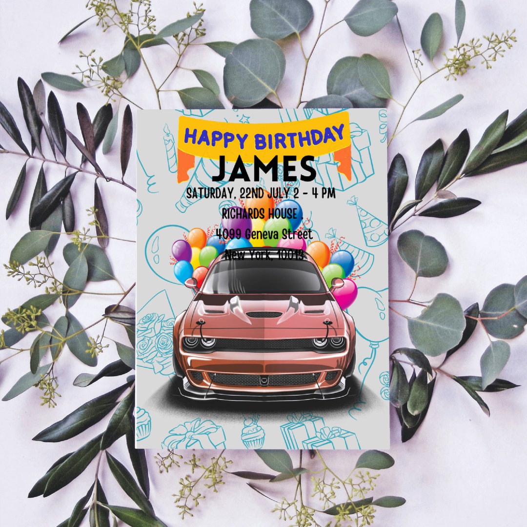 Editable Challenger Hellcat Birthday Invitation Invitation Dodge ...