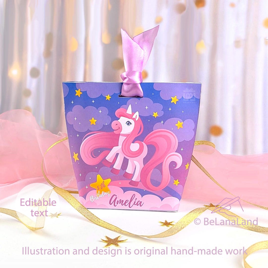 Unicorn Favor Bag Template – Editable DIY Treat Box, Printable Candy Gift Goody Bag, Baby Shower ...
