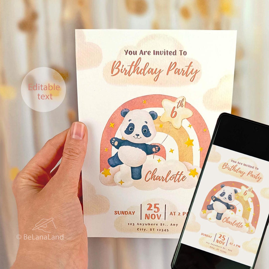 Editable Panda Invitation Template, Canva Digital Party Invite ...