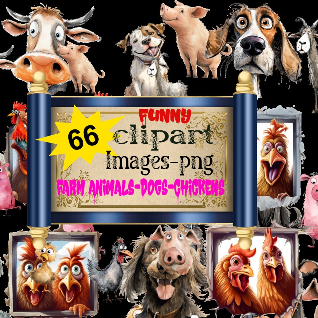 Funny Cute Clipart Animals Bundle 66, PNG, Farm Animals-dogs-chickens ...