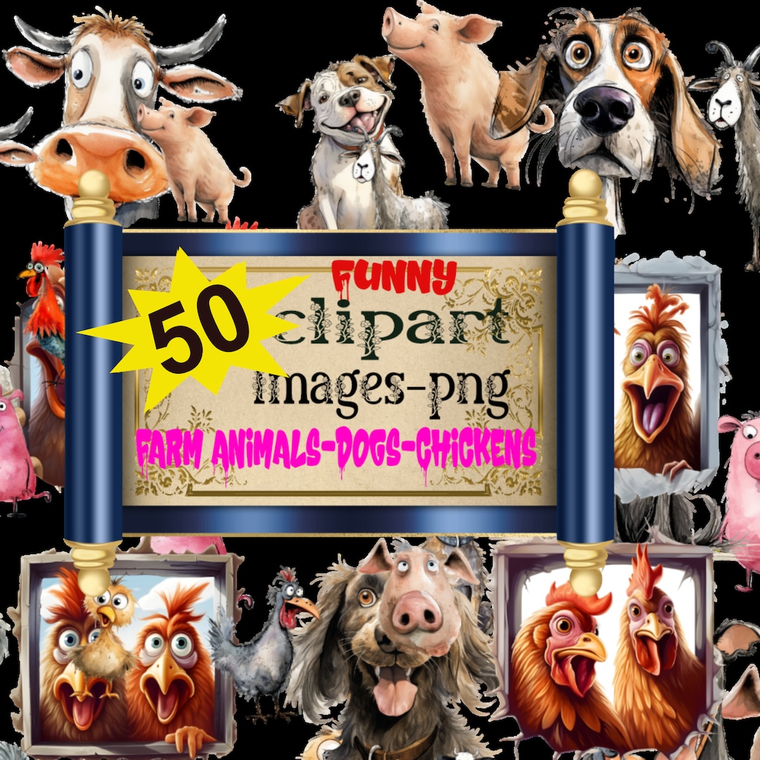 Funny Cute Clipart Animals Bundle 50, PNG, Farm Animals-dogs-chickens ...