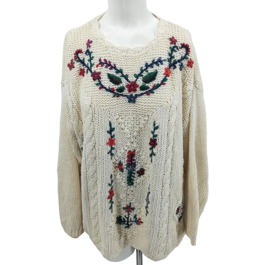Vintage Cable Knit Embroidered Floral Oversized Sweater Size L Classic ...