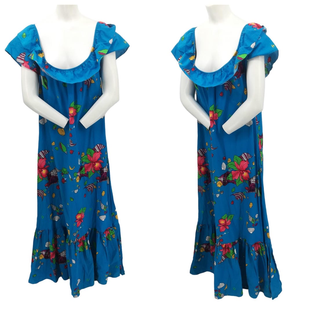 Vintage Hilo Hattie Cotton Ruffle Maxi Hawaiian Dress Size L Floral ...