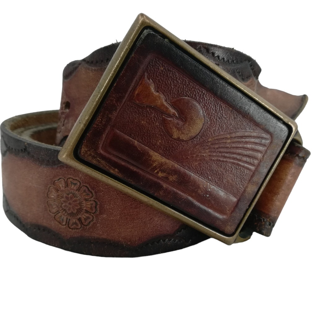 Vintage Tech Ether Solid Brass Leather Tooled Belt Buckle Size 4XL 52 ...