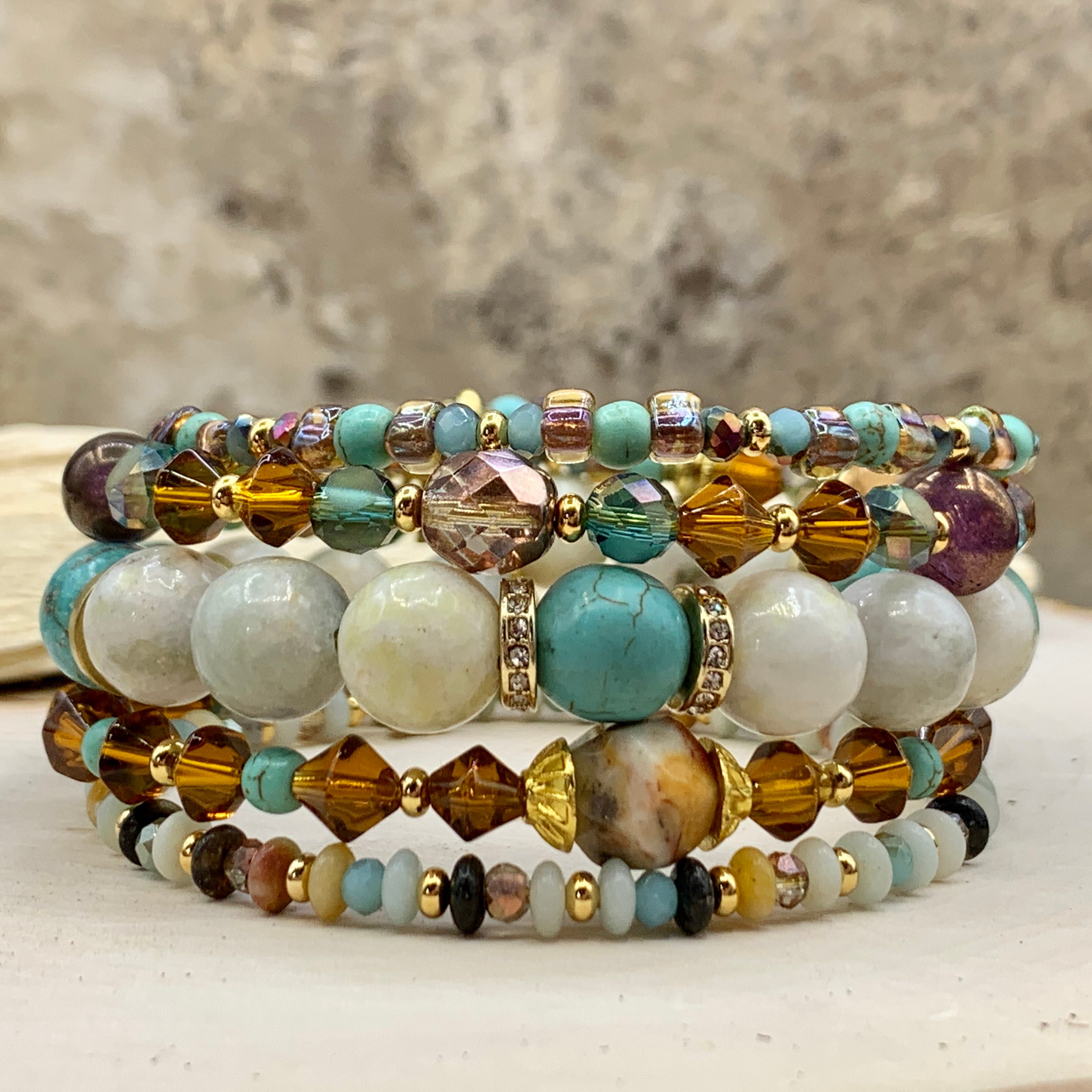 Boho Gemstone Memory Wire Wrap Bracelet 5 Strands Shades of - Etsy UK