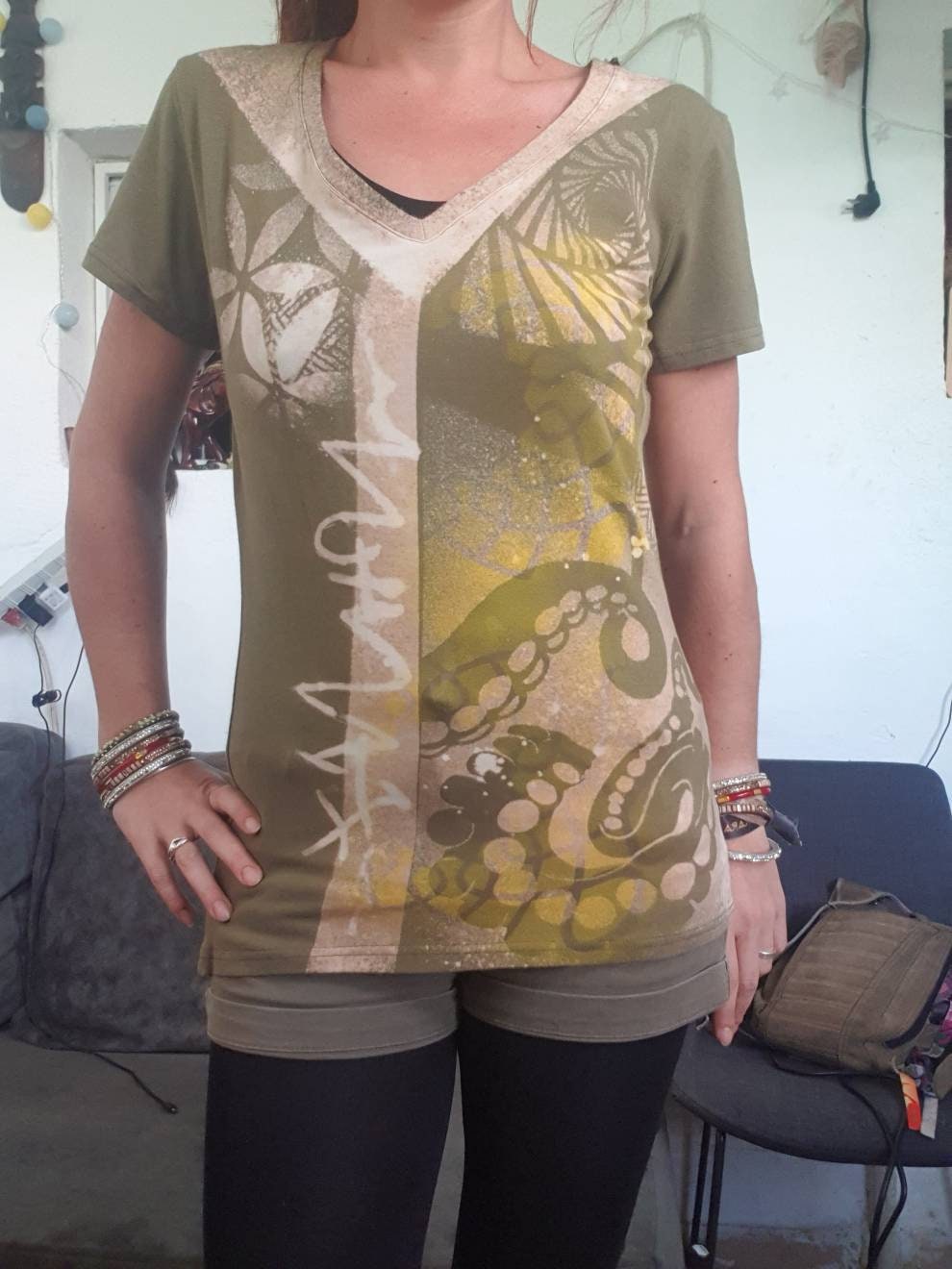 Octopus Upcycled Top Green Psychedelic Tribal Psytrance Festival Tank ...