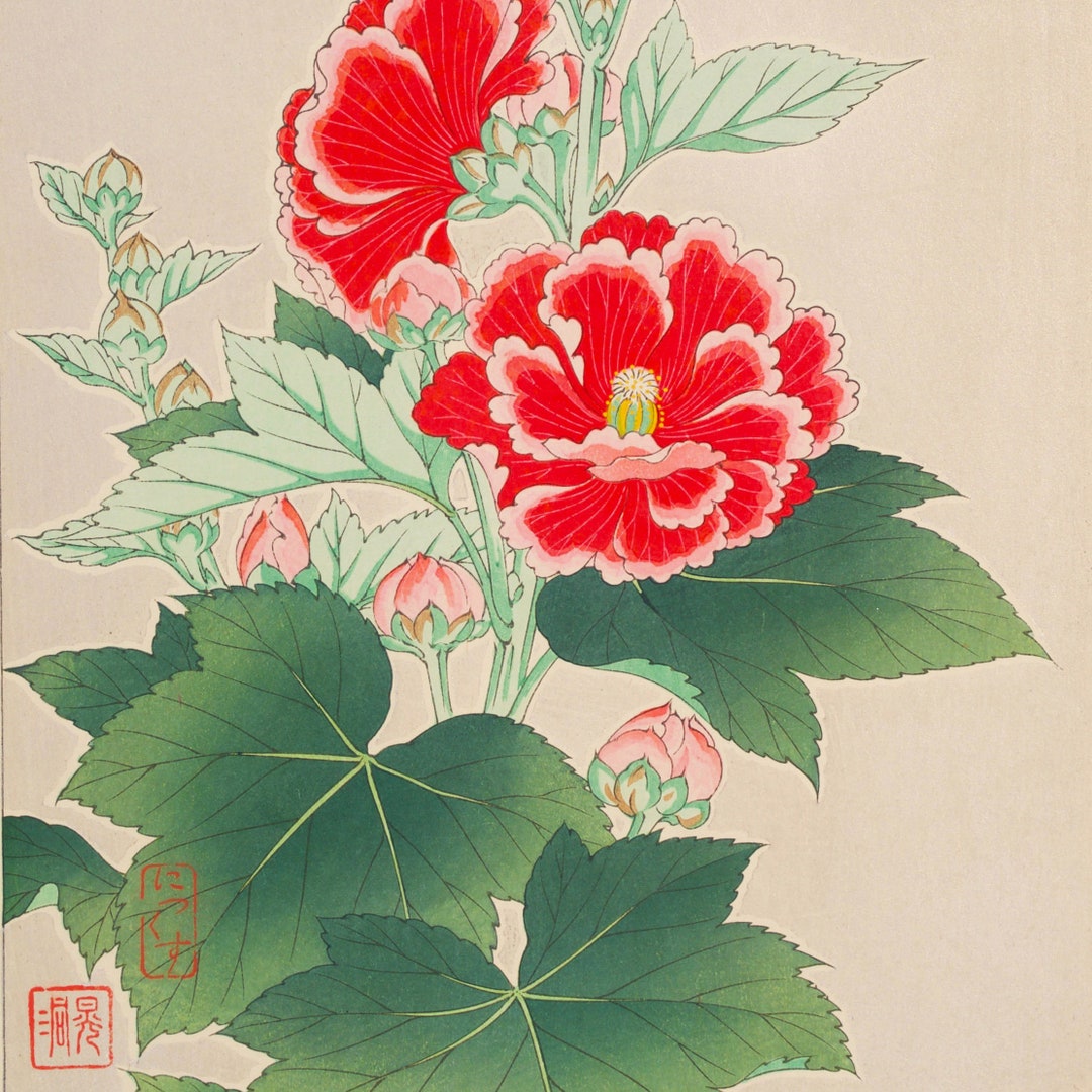 Kawarazaki Shodo, Hollyhocks, Japanese Woodblock From "floral Calendar of Japan Series" Unframed ...