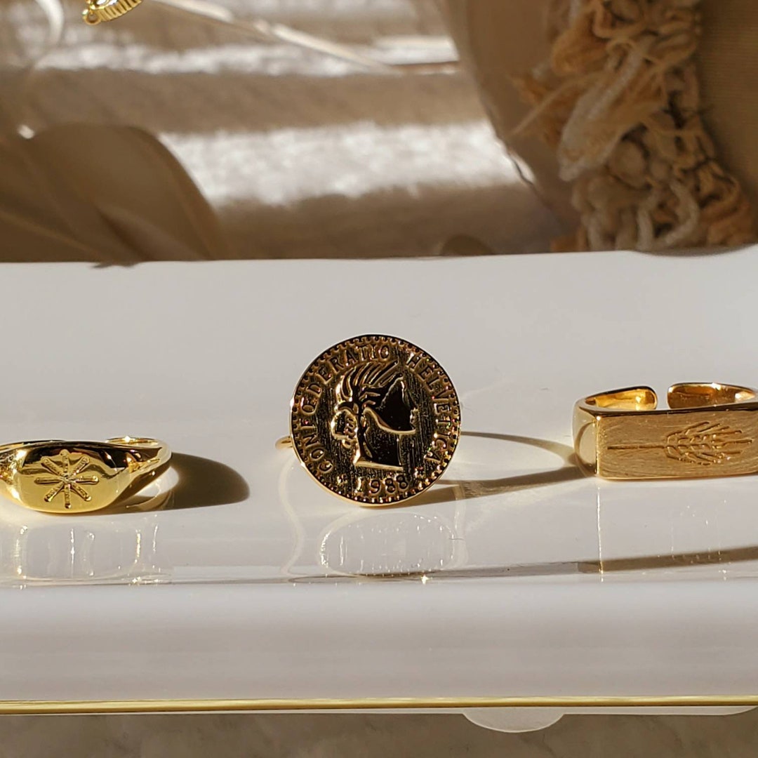 Retro Ring | Gold Round Portrait Ring | Coin Jewelry | 925 Sterling ...