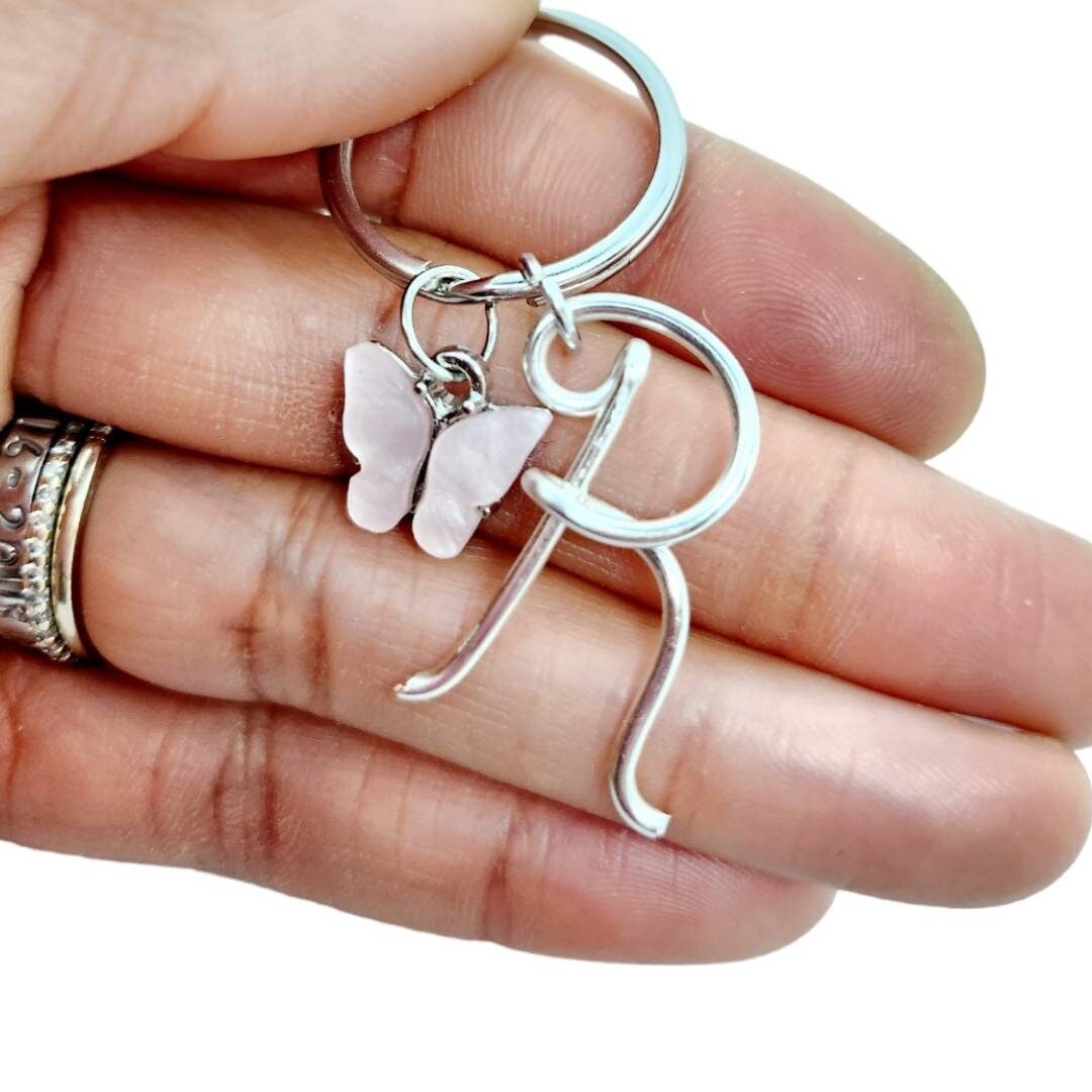 Initial Keychain With Butterfly Charm , Custom Initial Keychain, Name ...