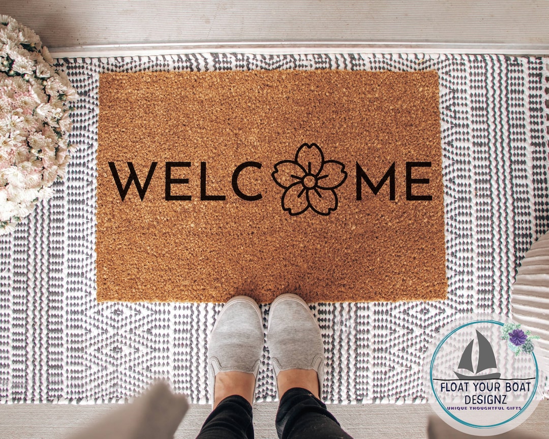Sakura Blossom Print Welcome Coir Outdoor Mat, Cherry Flower Front ...