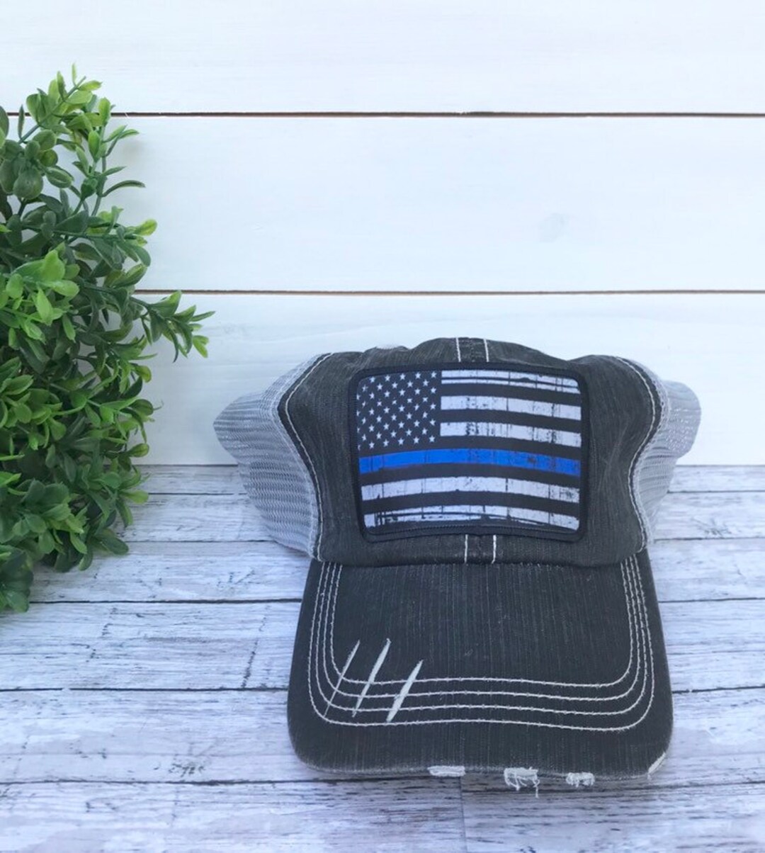 Blue Line American Flag Hat, Blue Line American Flag Trucker Hat, Flag ...