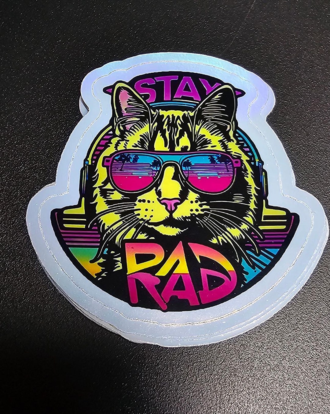 Holographic Synthwave Stay Rad Cat Sticker! Homemade. Kiss Cut Sticker ...