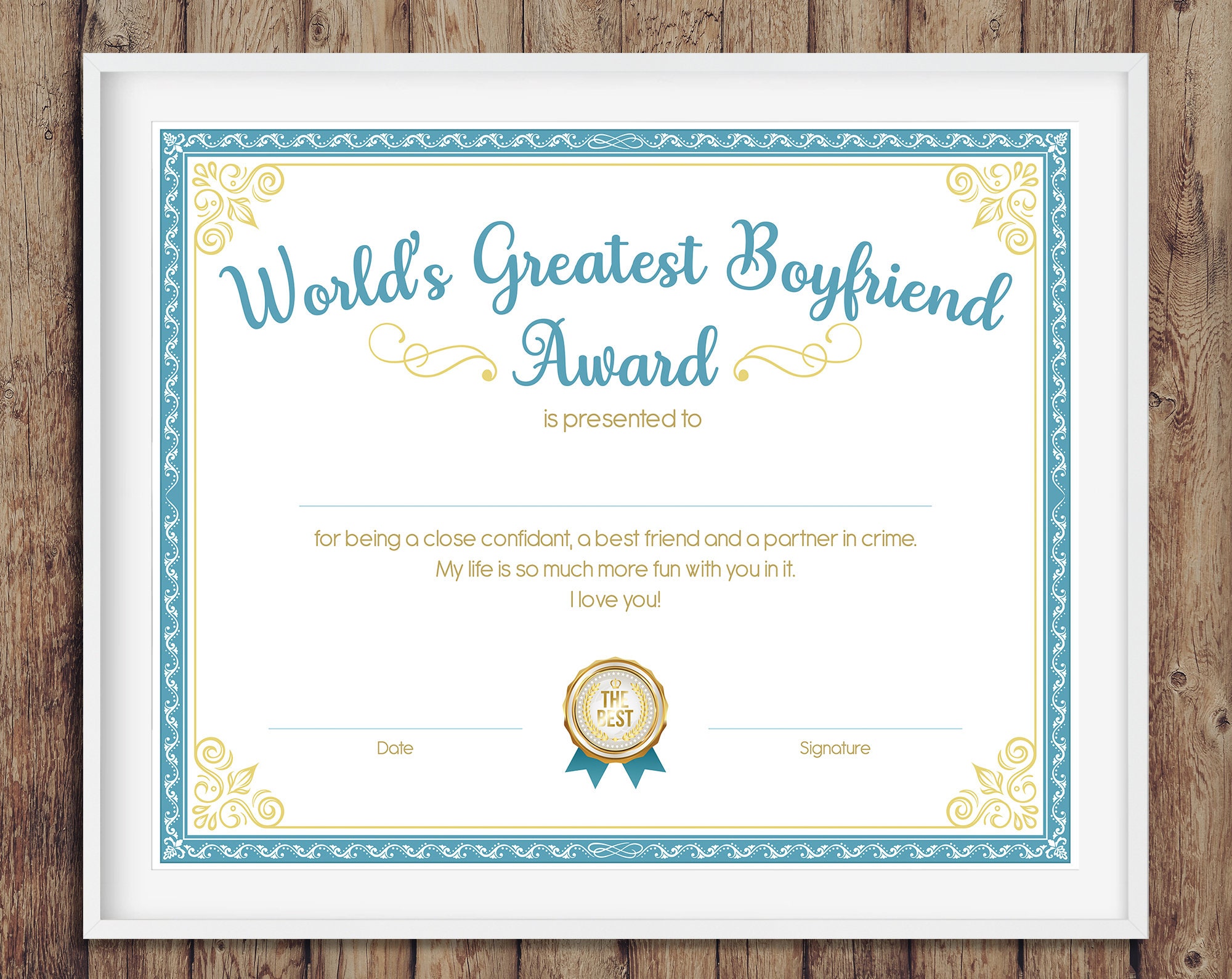 World's Greatest Boyfriend Award, Print, Download, Digital File, Gift ...