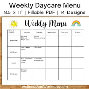 Editable Weekly Daycare Menu Home School Menu Preschool - Etsy