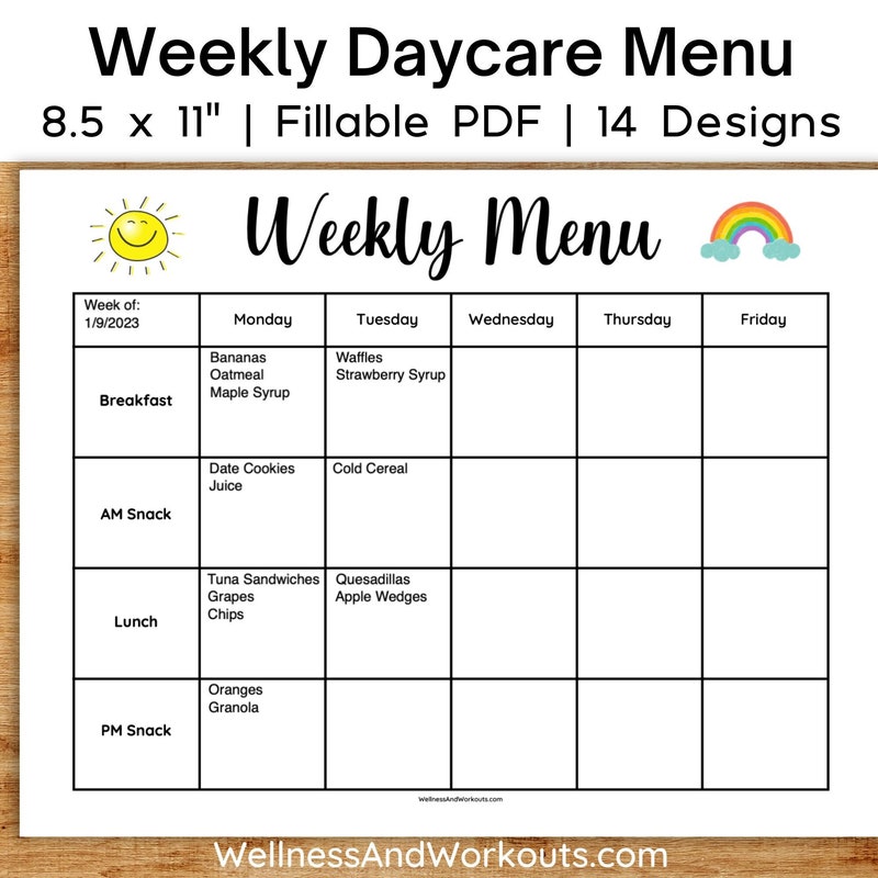 Daycare Lunch Menu Template - Etsy
