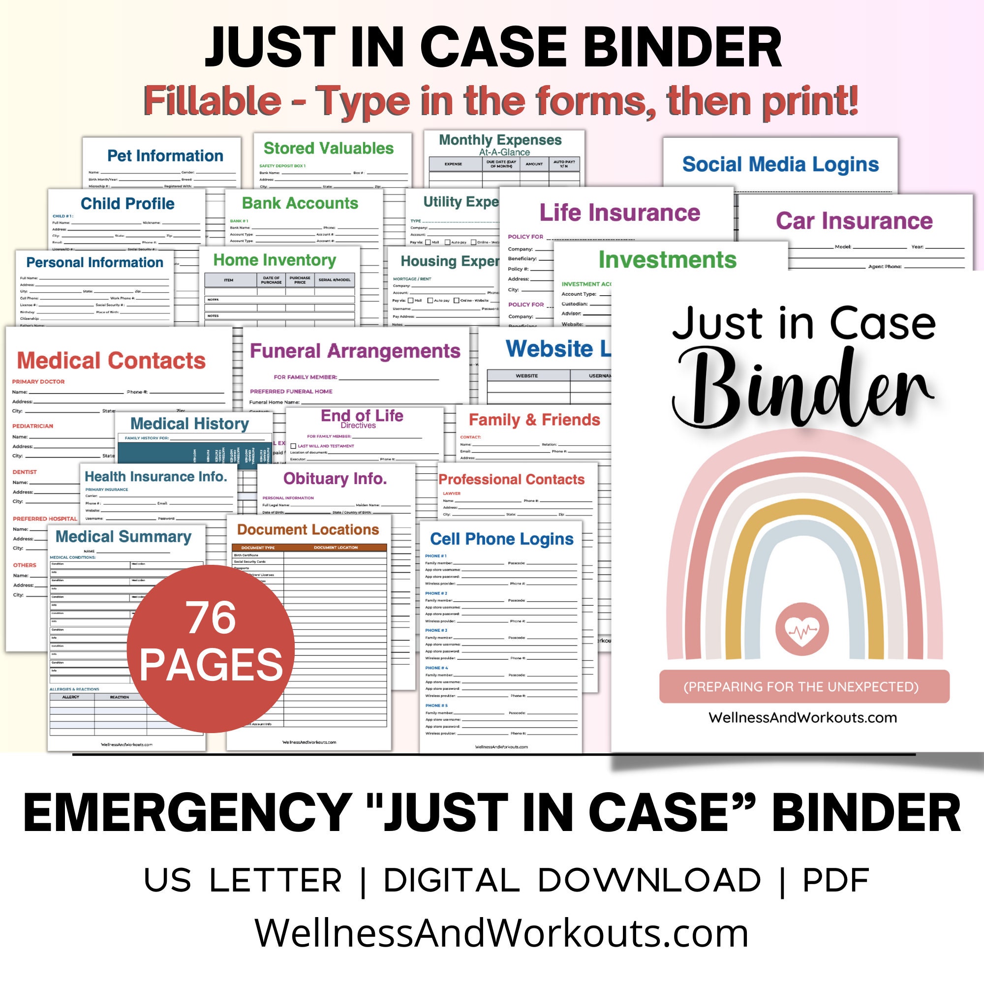Emergency Binder Printables PDF, Fillable PDF, Just in Case Binder, If I Go Missing, Life Binder ...