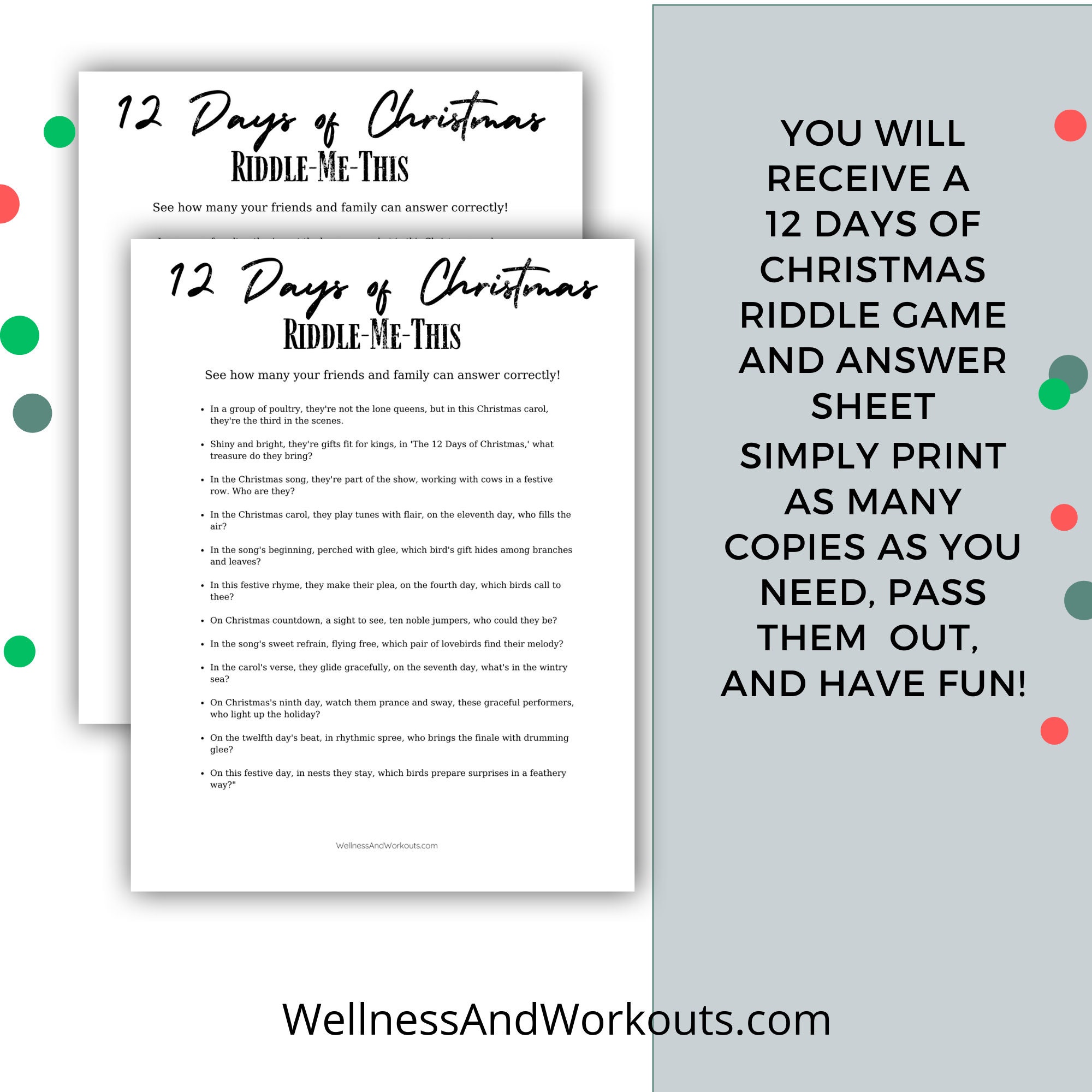 12 Days of Christmas Riddle Game, Christmas Trivia, Family Game Night ...