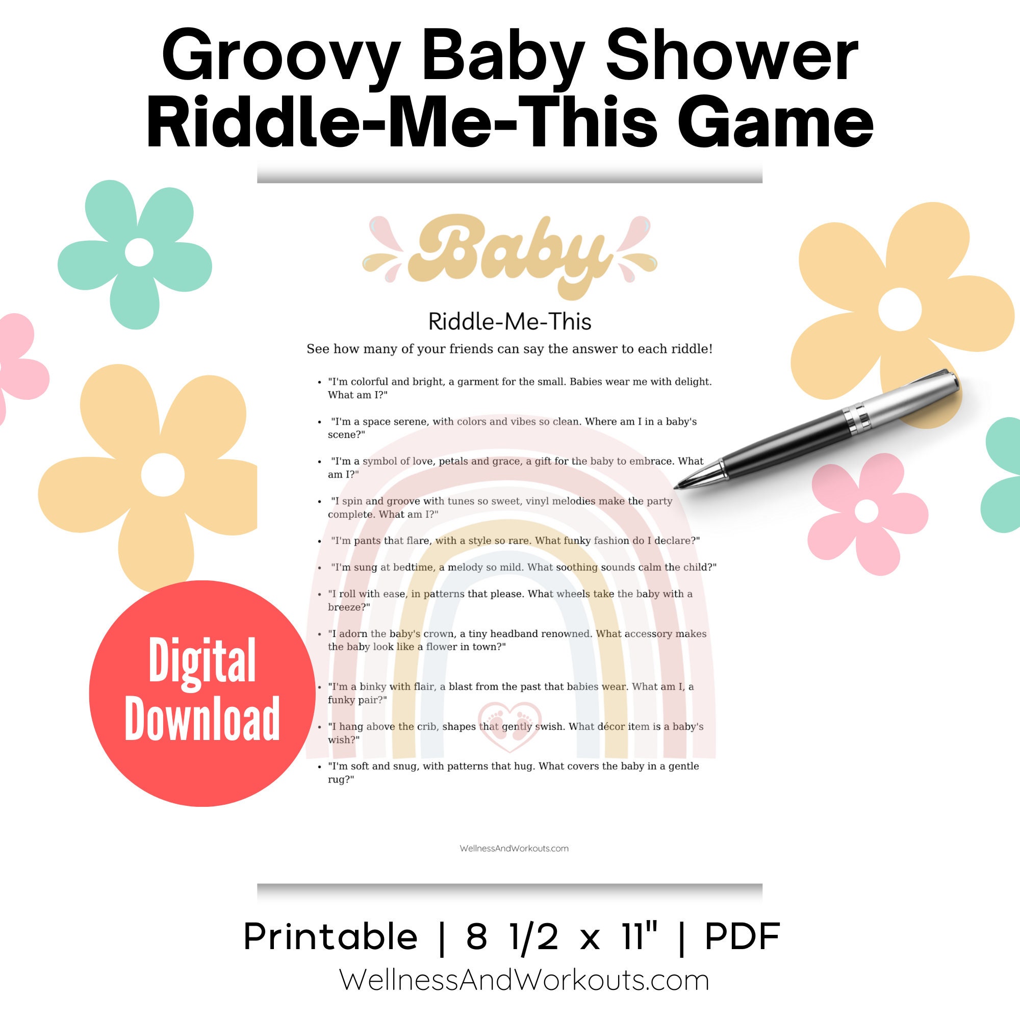 Groovy Baby Shower Game, Baby Riddle-me-this Game, Groovy Baby Shower ...