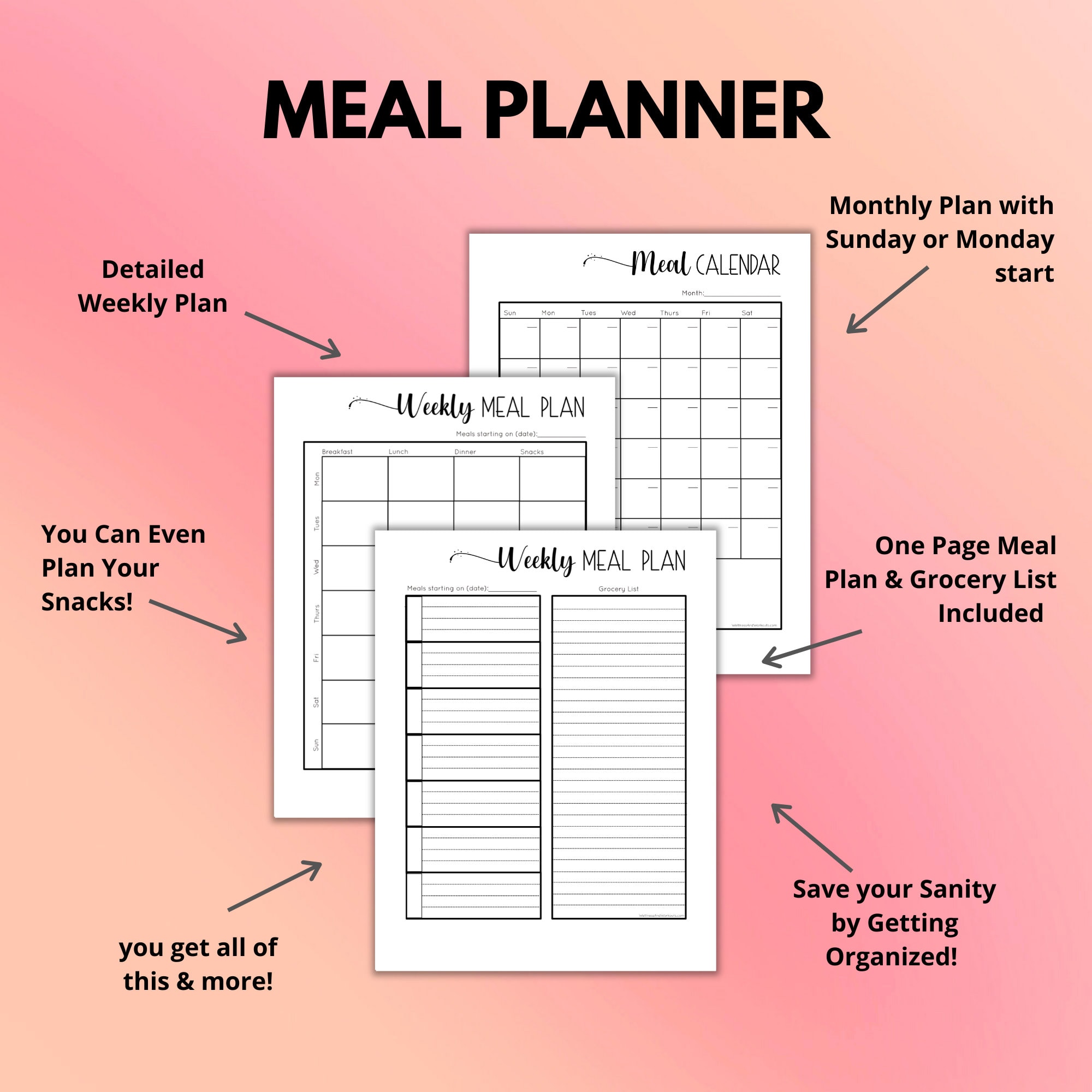 Meal Planner & Grocery List Printable Planner With Kitchen Inventory ...