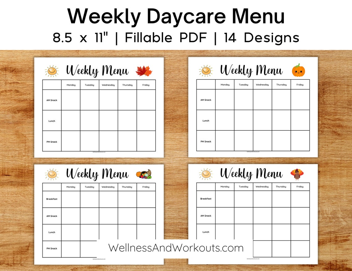 Editable Weekly Daycare Menu, Home School Menu, Preschool Menu, Weekly ...