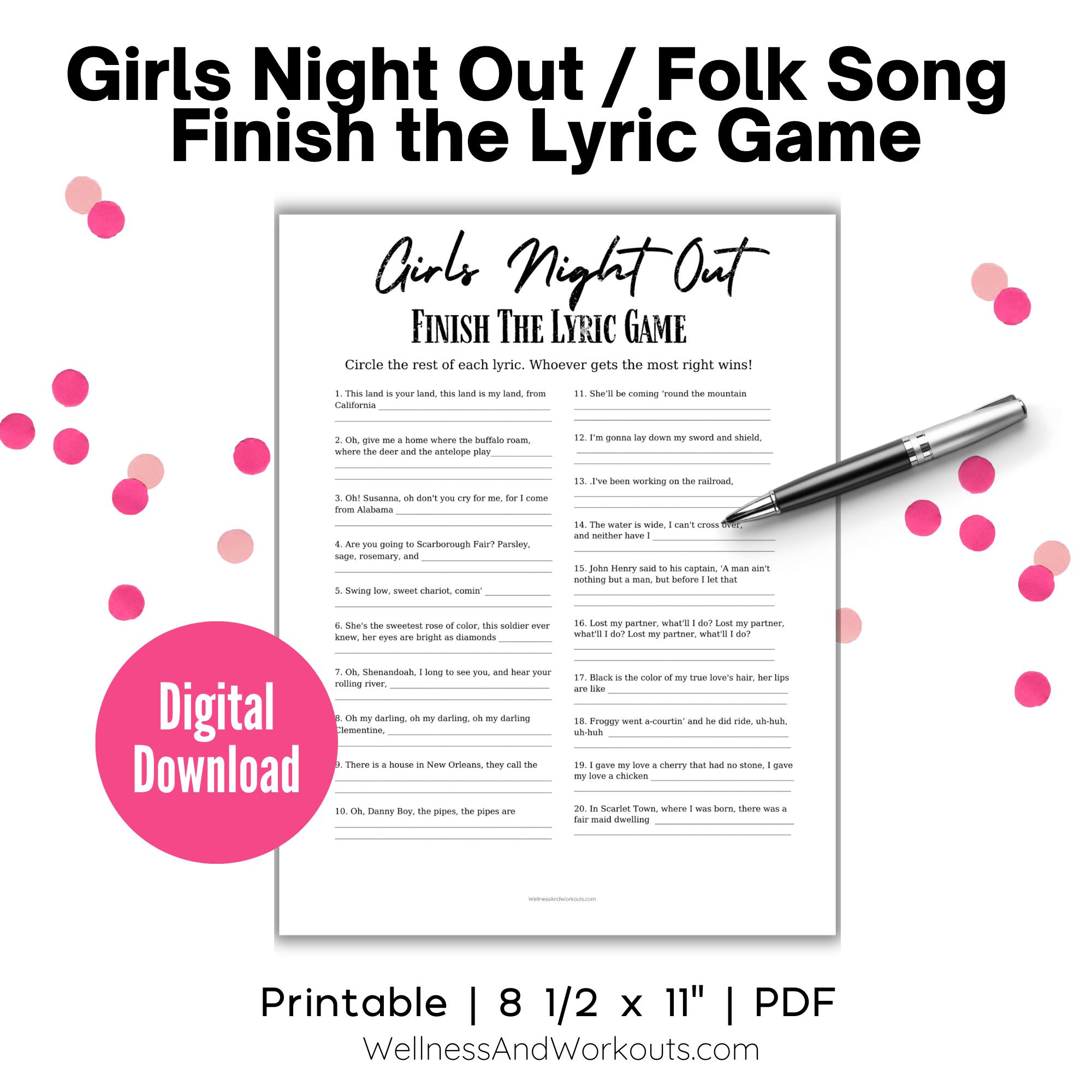 Girls Night Out Finish the Lyrics Game, Folk Songs Game, Girls Night ...