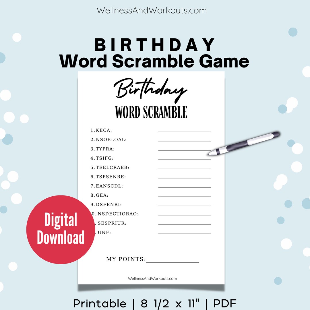 Birthday Word Scramble, Birthday Game, Family Game Night, Group Games ...