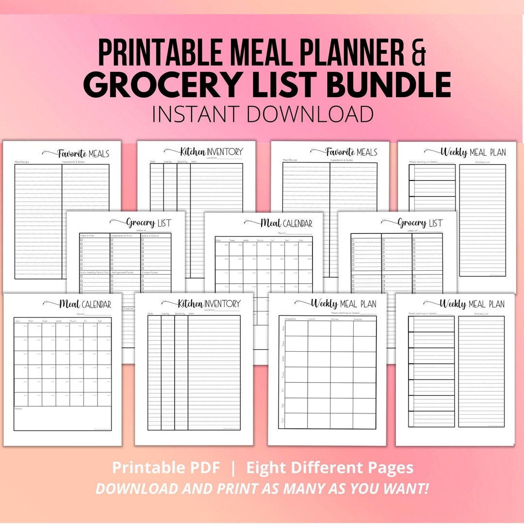 Meal Planner & Grocery List Printable Planner With Kitchen Inventory ...