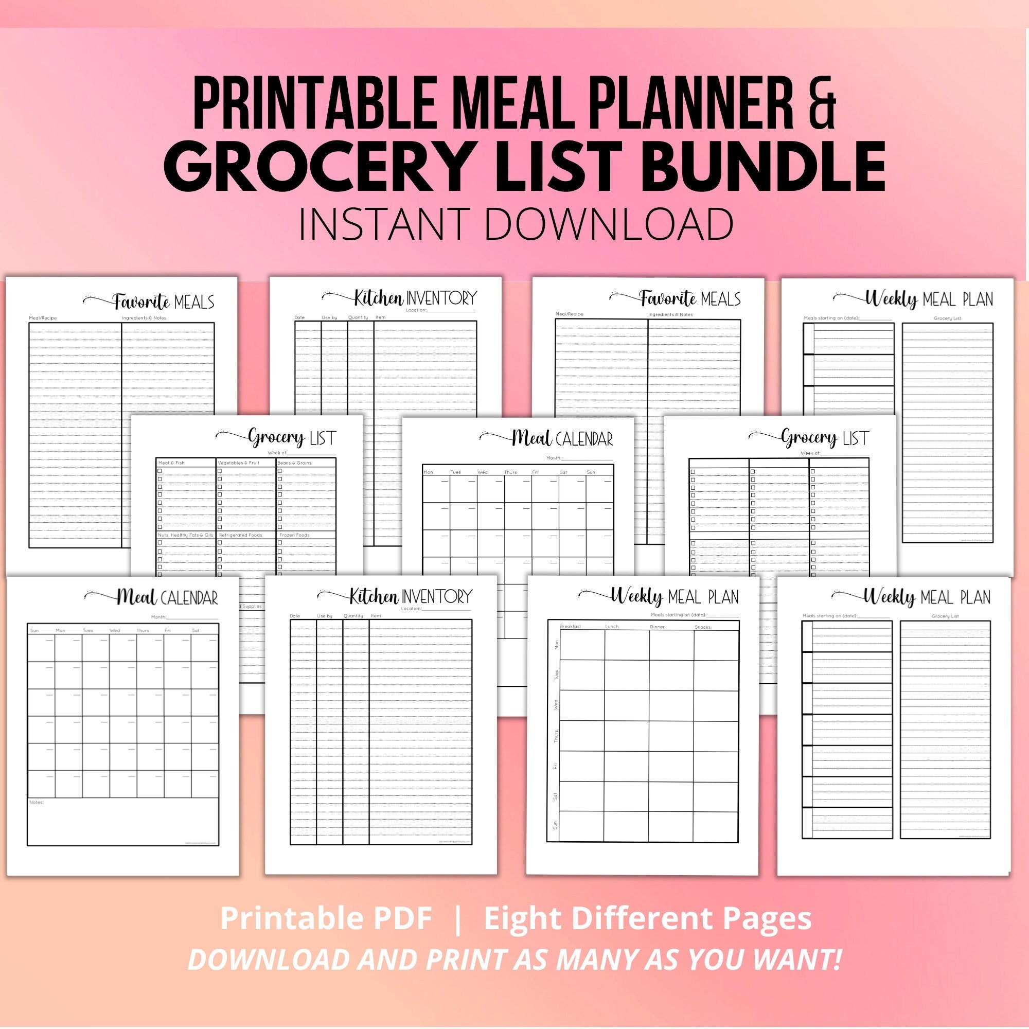 Meal Planner & Grocery List Printable Planner With Kitchen Inventory ...