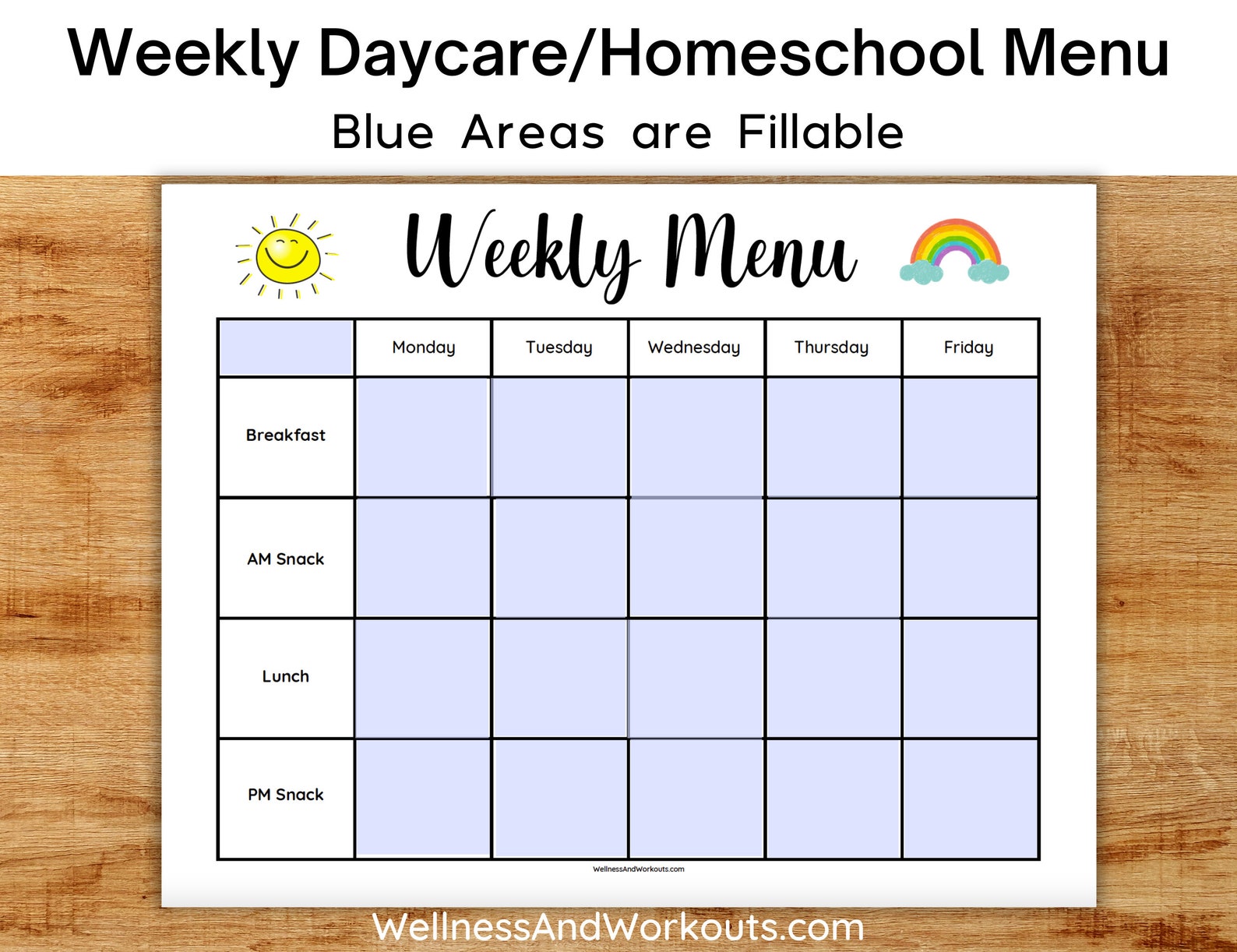 Editable Weekly Daycare Menu, Home School Menu, Preschool Menu, Weekly ...