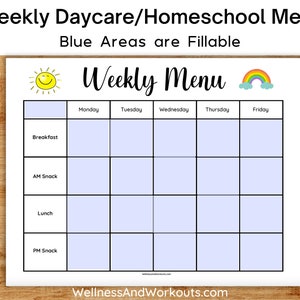 Editable Weekly Daycare Menu, Home School Menu, Preschool Menu, Weekly ...