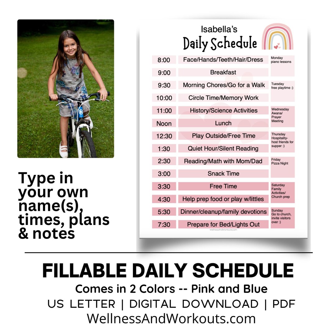 Daily Schedule, Fillable Daily Routine PDF, Daily Checklist, Editable ...