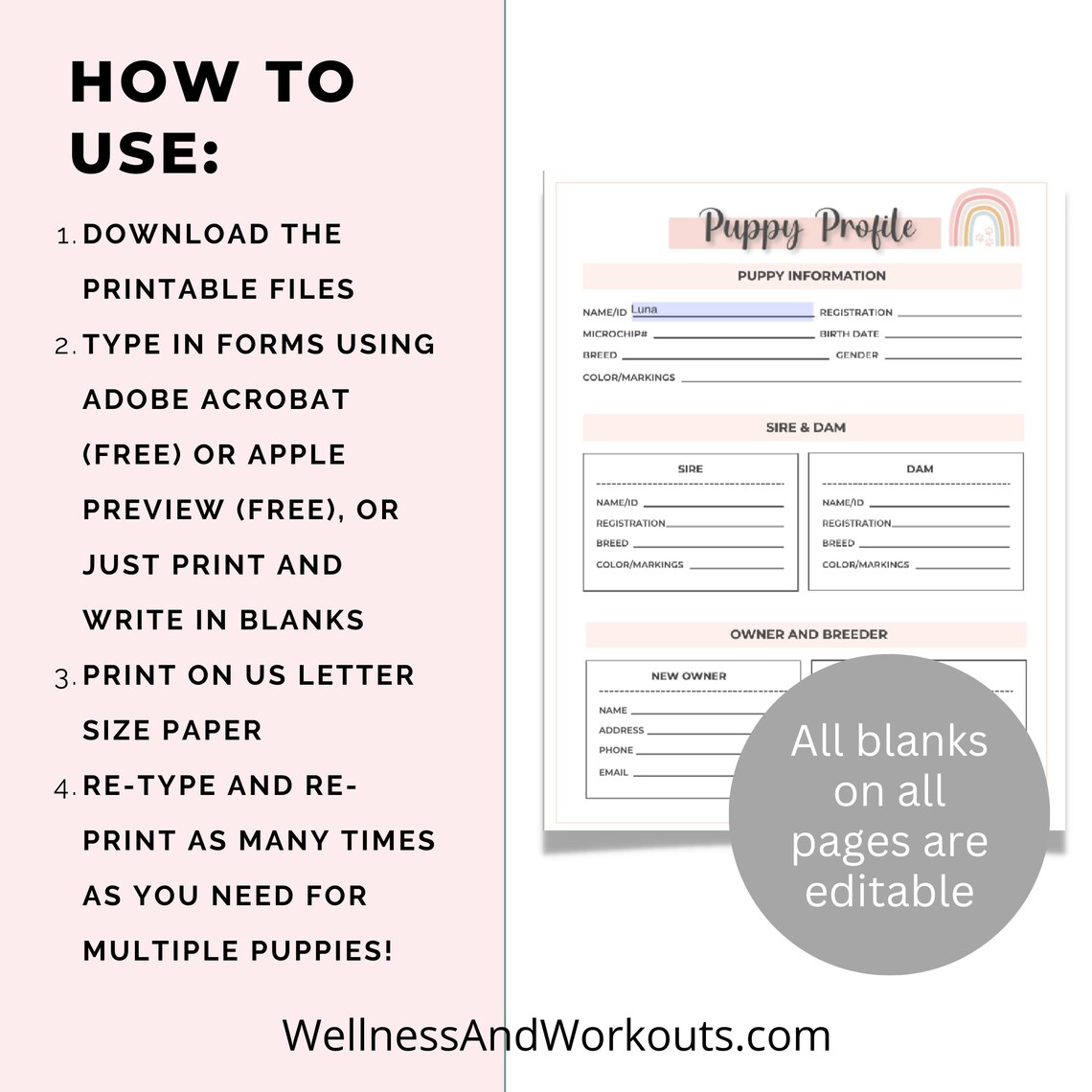 Fillable Dog Breeder Records, Puppy Pack, Dog Breeder Forms, New Puppy ...