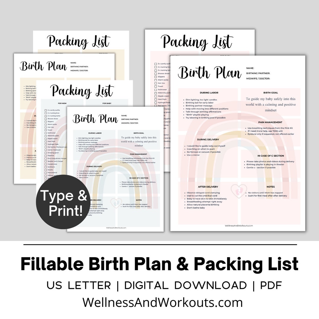 Fillable Birth Plan Printable, Packing List, Birth Plan Template, Labor ...