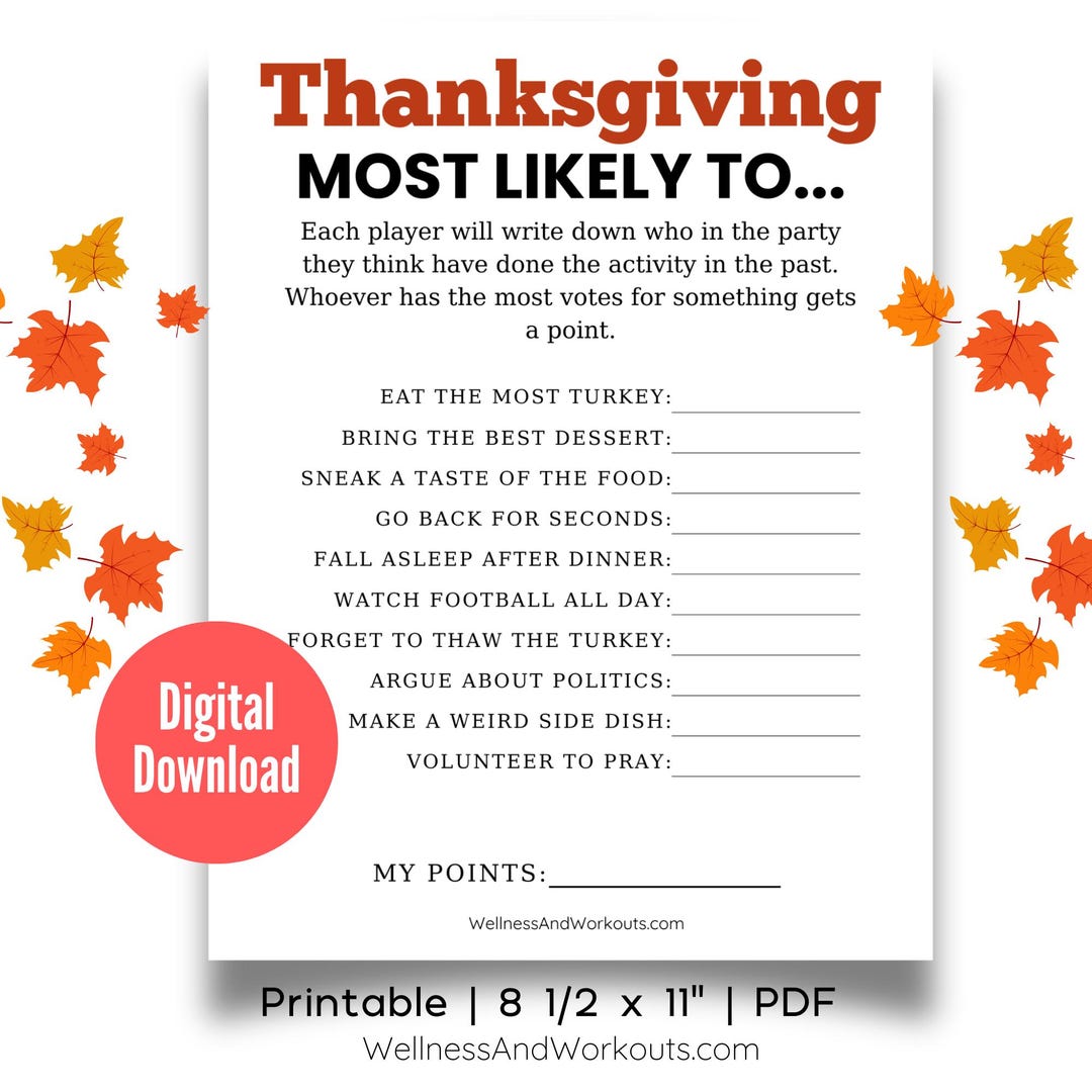Thanksgiving Game Printable, Most Likely to Game, Family Game Night ...