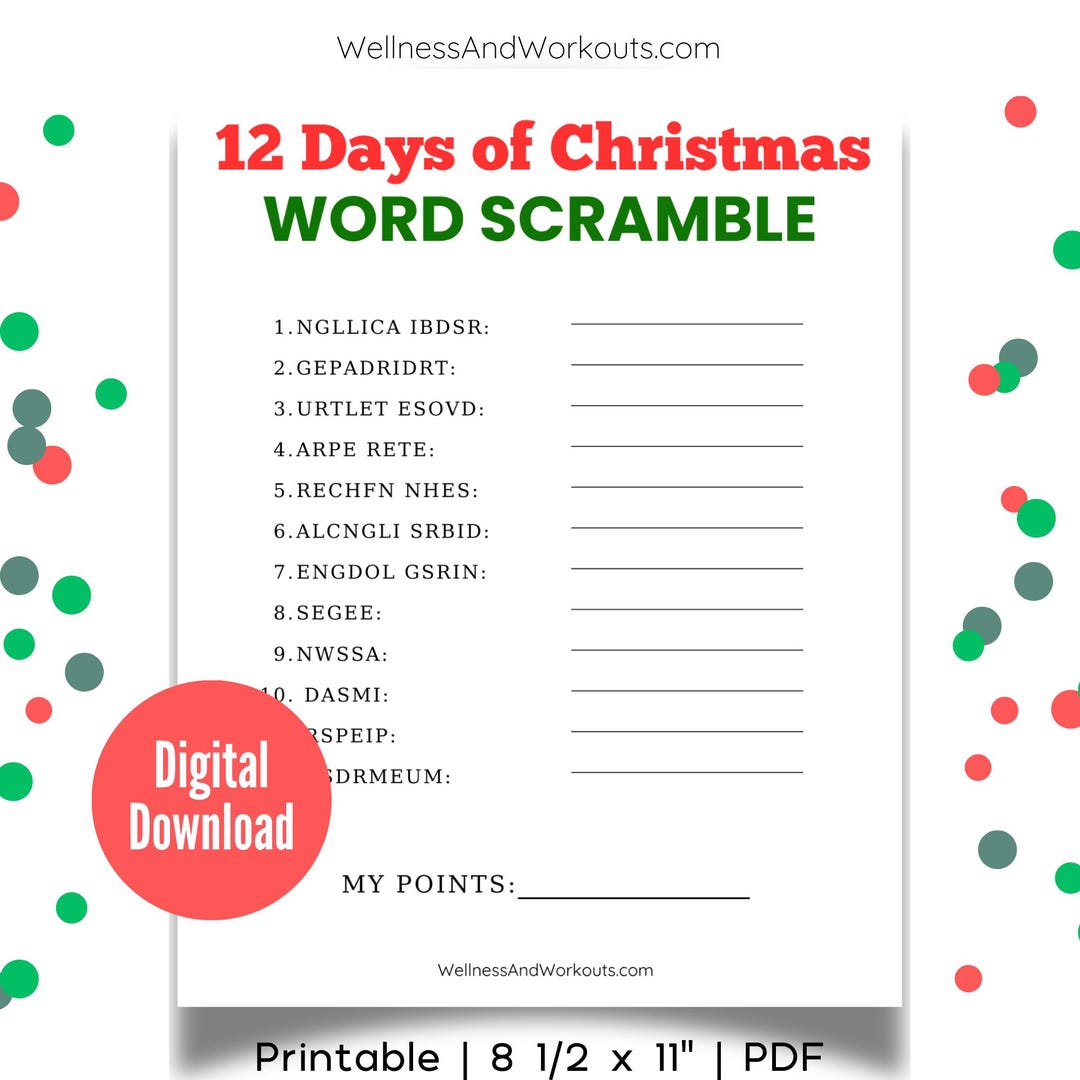 12 Days of Christmas Word Scramble, Christmas Game, Family Game Night ...