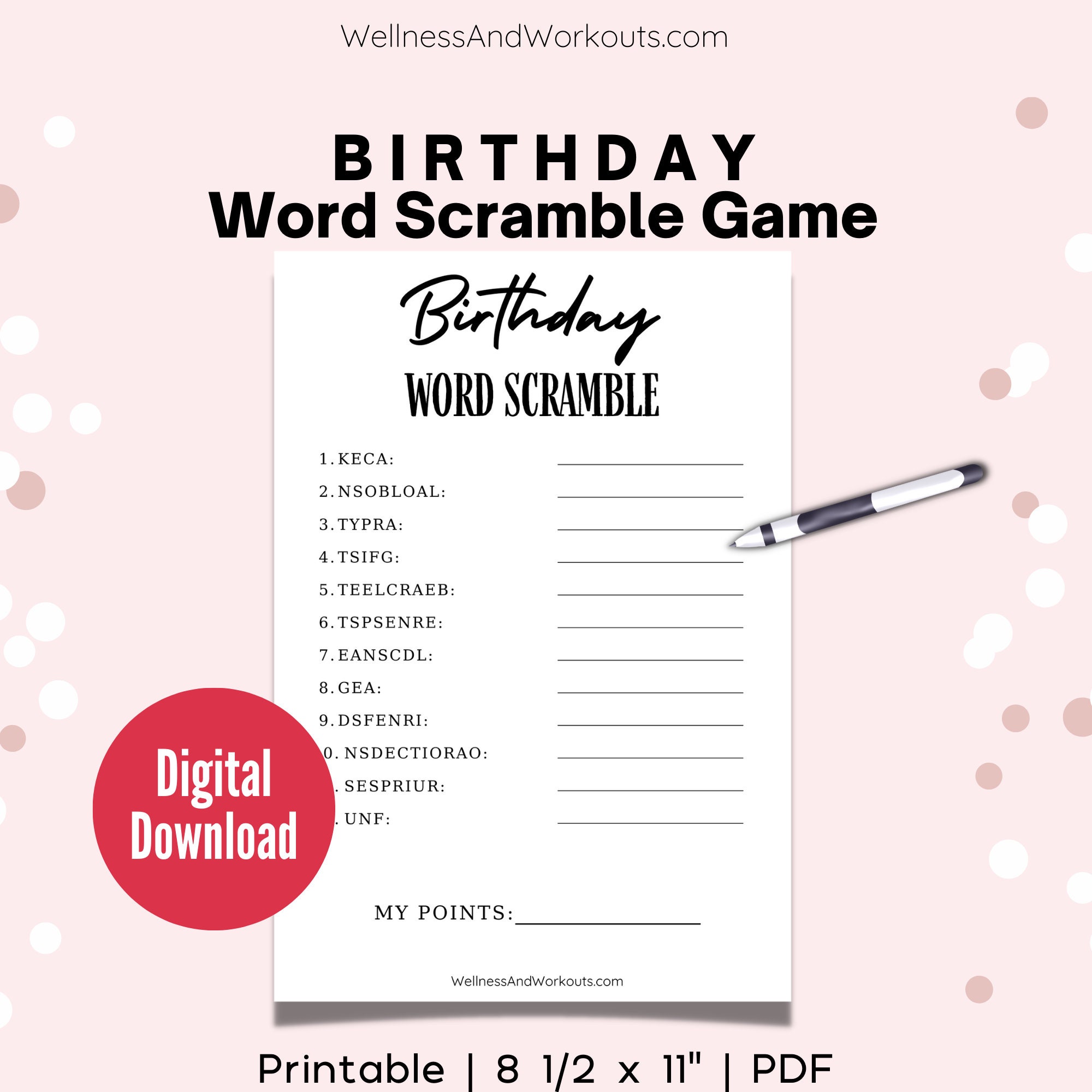Birthday Word Scramble, Birthday Game, Family Game Night, Group Games ...