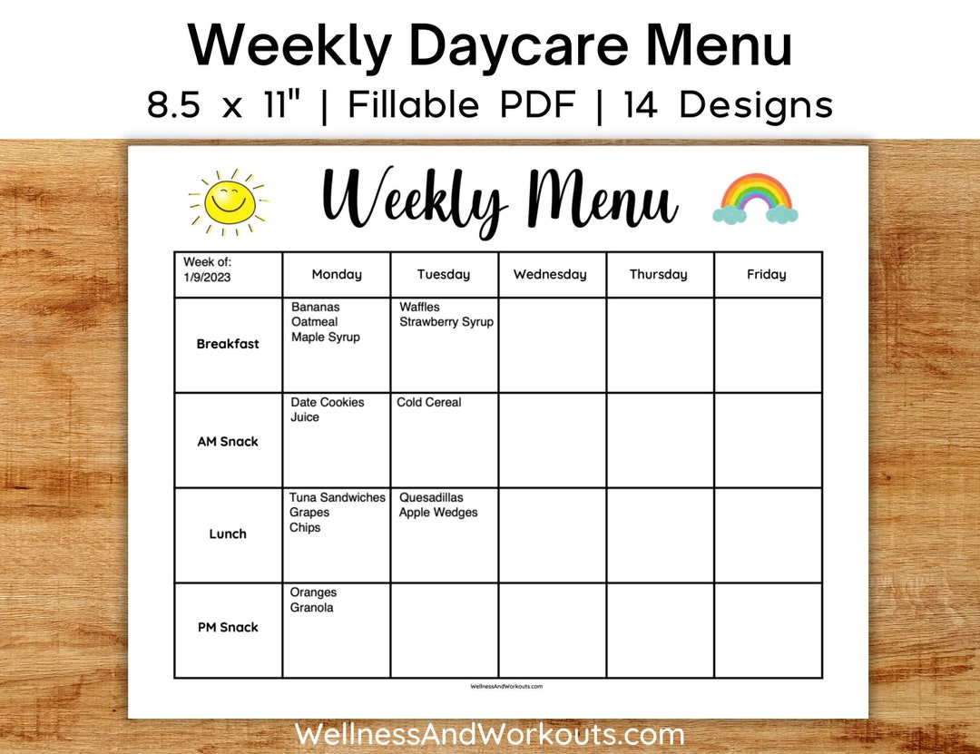 Editable Weekly Daycare Menu, Home School Menu, Preschool Menu, Weekly ...
