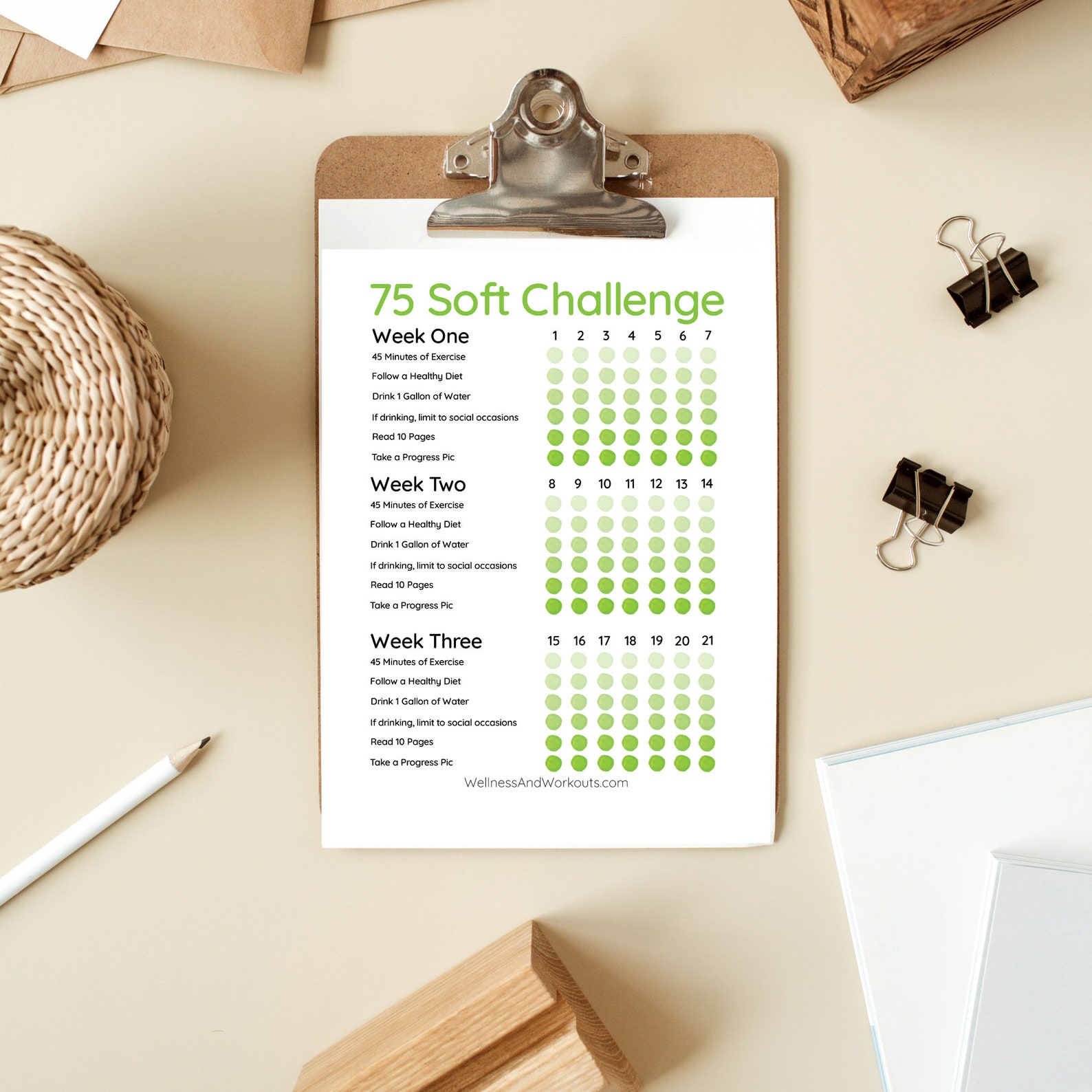 75 Soft Challenge Checklist, Easy Challenge, Green Tracker, Watercolor ...